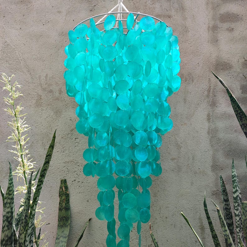 Turquoise Capiz Shell Chandelier: Coastal Pendant Light - Etsy