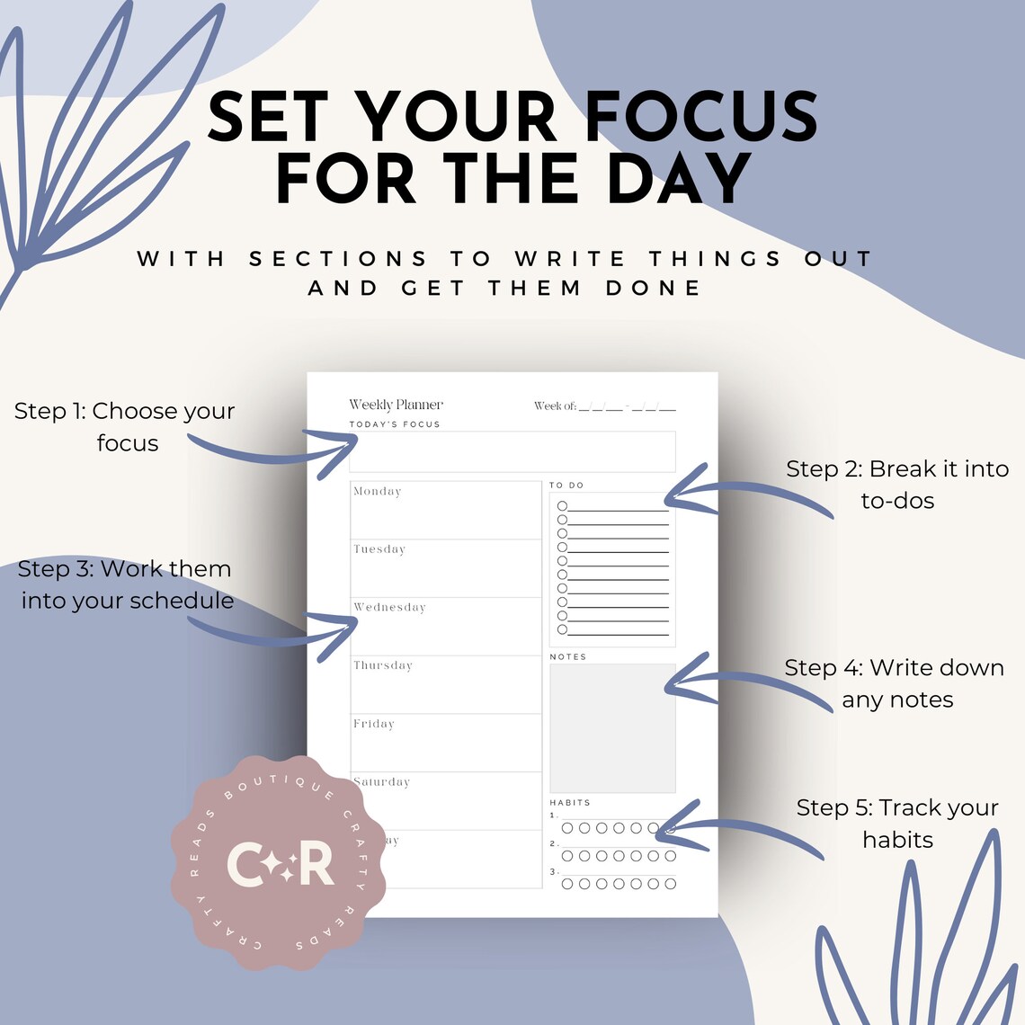 Printable Weekly Focus Planner PDF With Monthly Calendar and Weekly ...