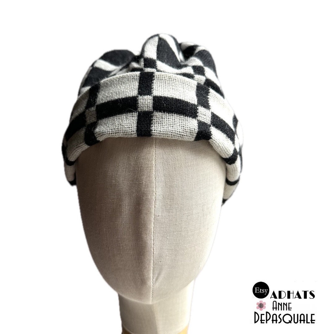 Black and White Winter Hat, Beanie, Retro Plaid Check Hat, Handmade ...