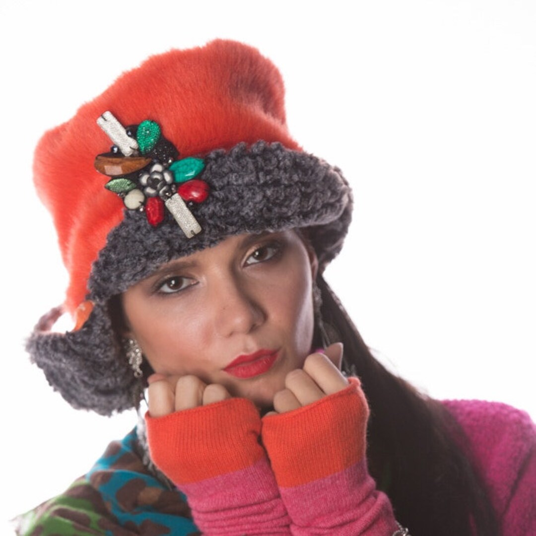 Orange Fake Fur Hat, Trapper Hat, Bright Fur Hat, Fuzzy Warm Hat ...