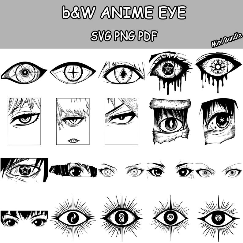 Mini SVG Anime Eye Bundle, 20 Black and White Anime Eye Designs Each in ...