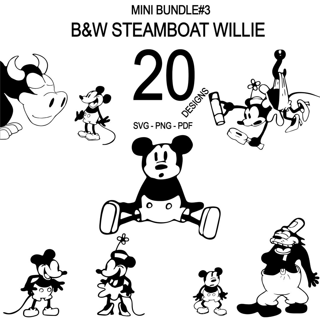 Mini SVG Mickey Mouse Steamboat Willie Bundle 3 ,20 Black&white Designs ...