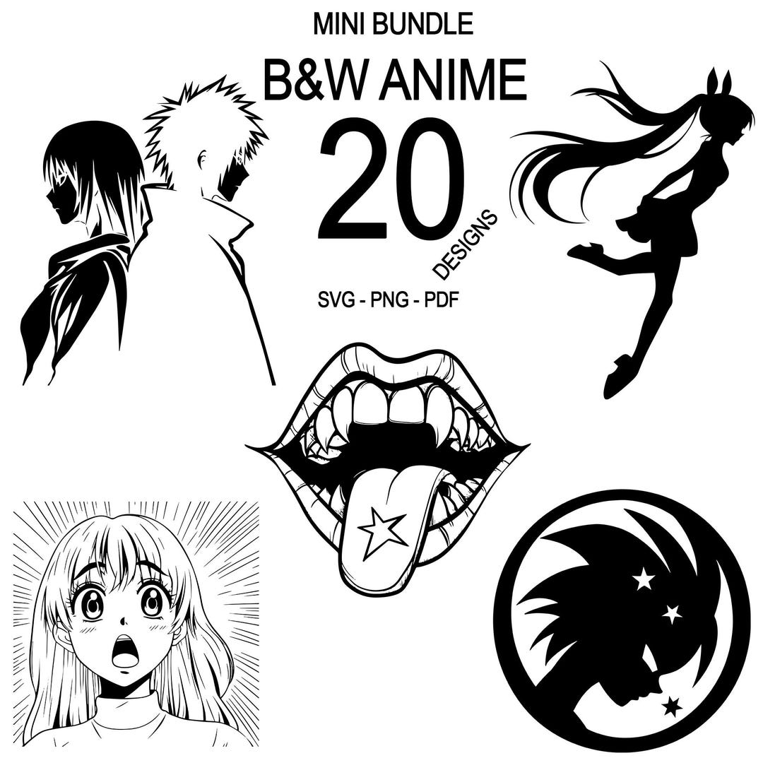 Mini SVG Anime Bundle, 20 Black and White Anime Designs Each in SVG ...