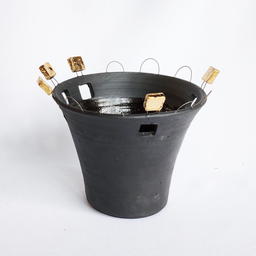 Decorative Black Stoneware Vessel With Embedded Wire Elements - Etsy