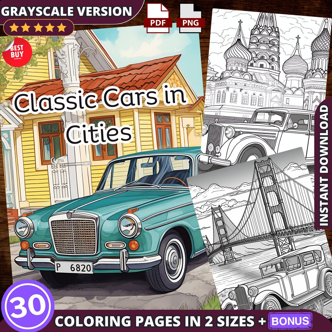 Classic Cars in Cities Coloring Pages Collection, Coloring Book for ...