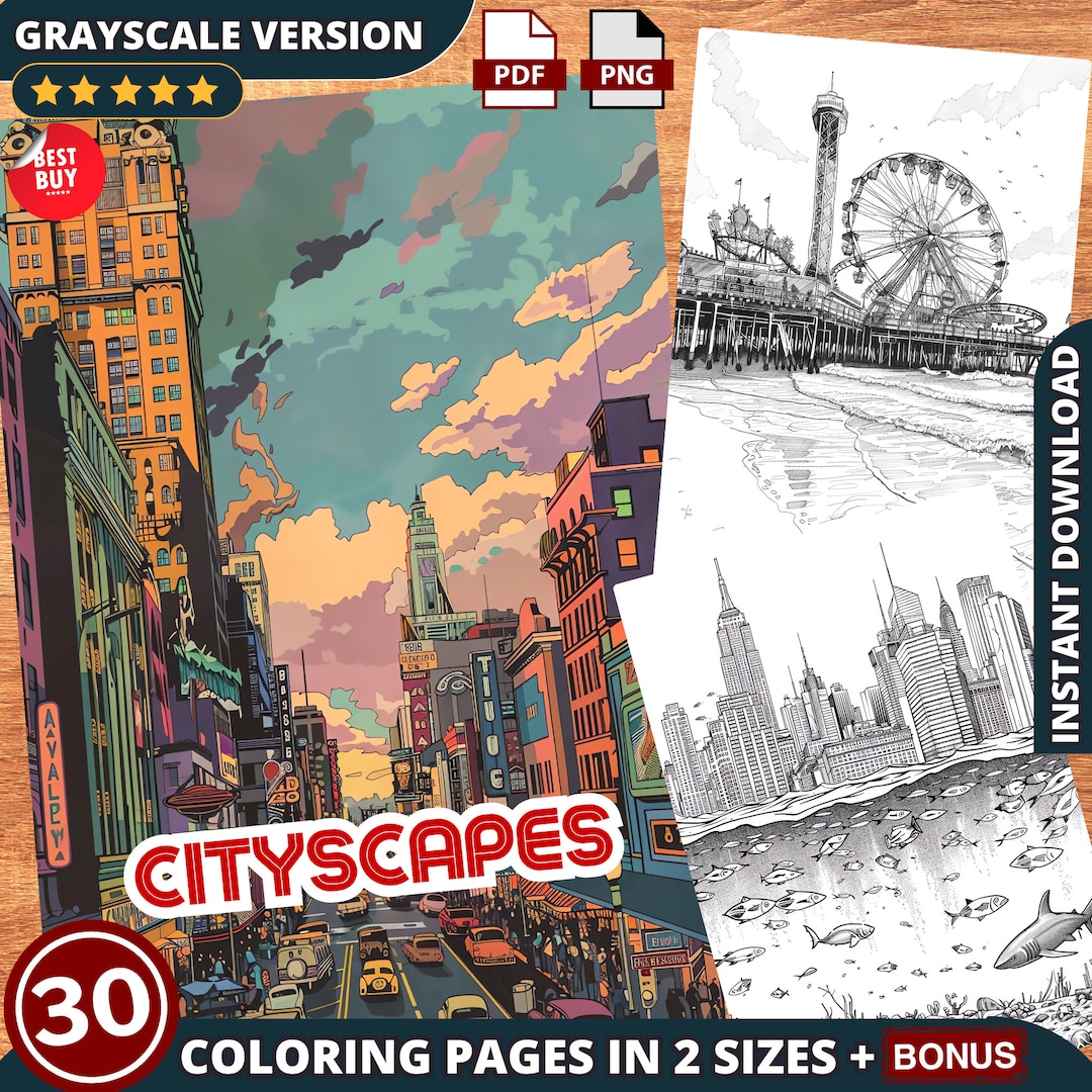 Cityscapes Coloring Pages Collection for Teen & Adults PDF PNG in 2 Size + Bonus, Explore Cities ...