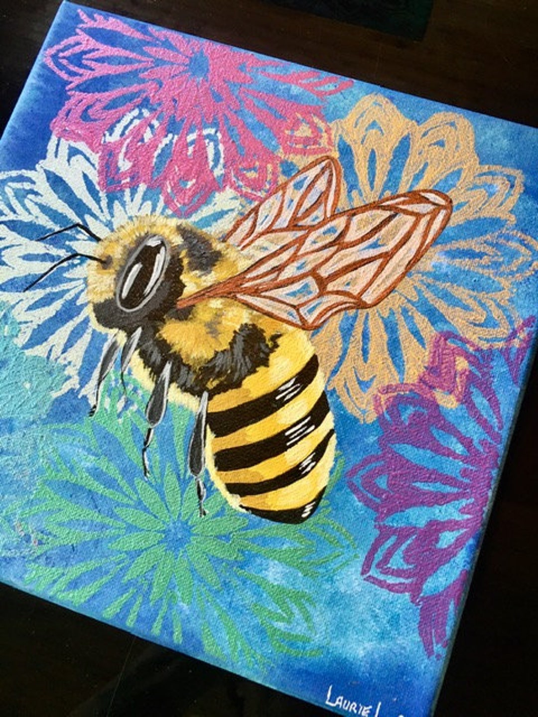 Bee Art, Hand Painted Original Art 10X10, 10 X 10 Canvas, Signed, One ...