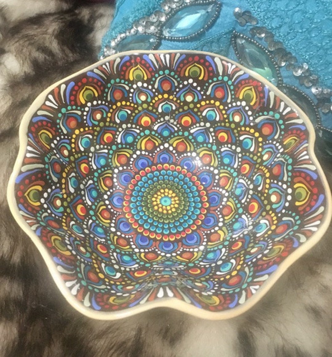 Bowl, Decorative, Dot Dotting Art, Ring Dish, Hand Painted, 6.25 ...