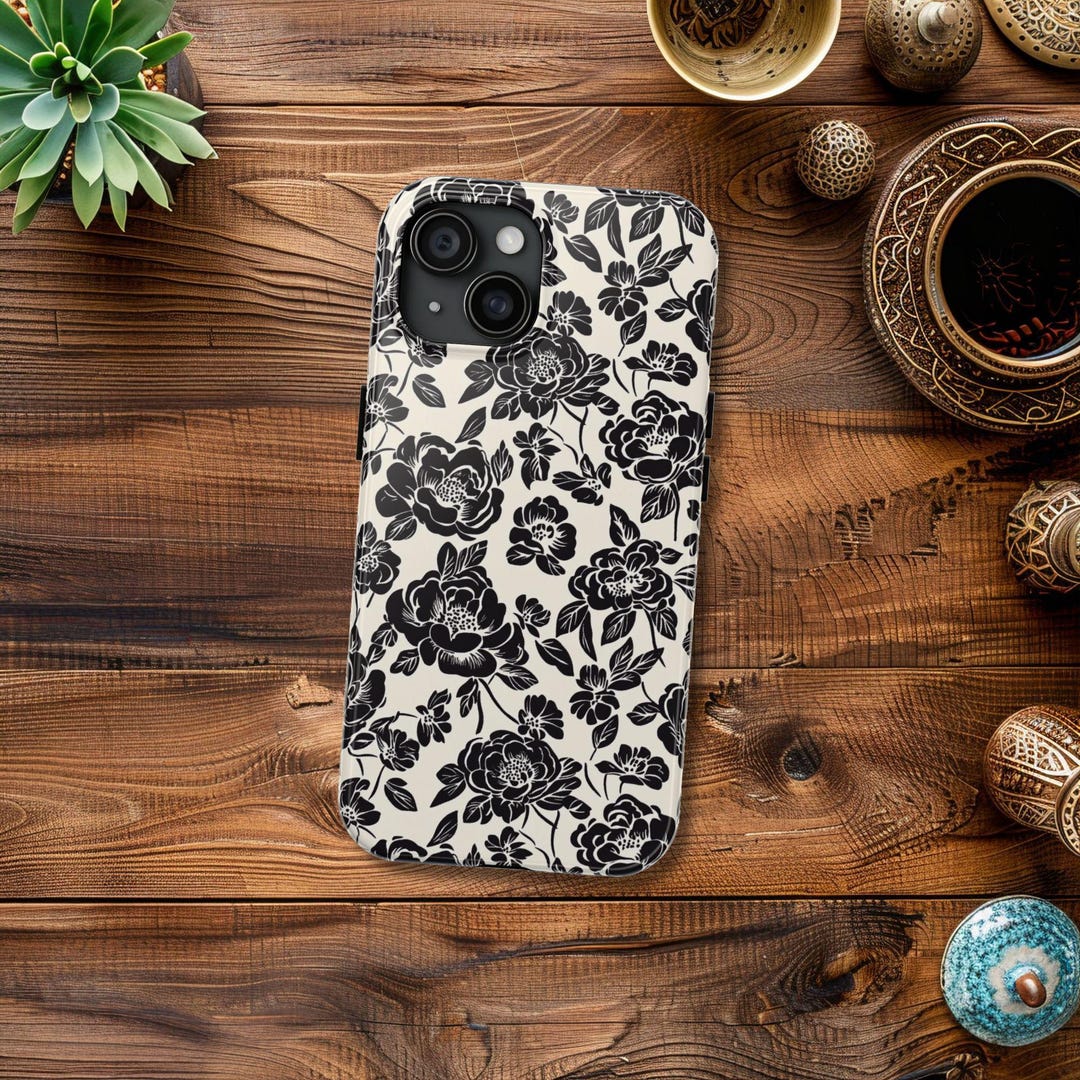 Timeless Black and White Floral Phone Case for iPhone 17 16 15 14 13 12 ...