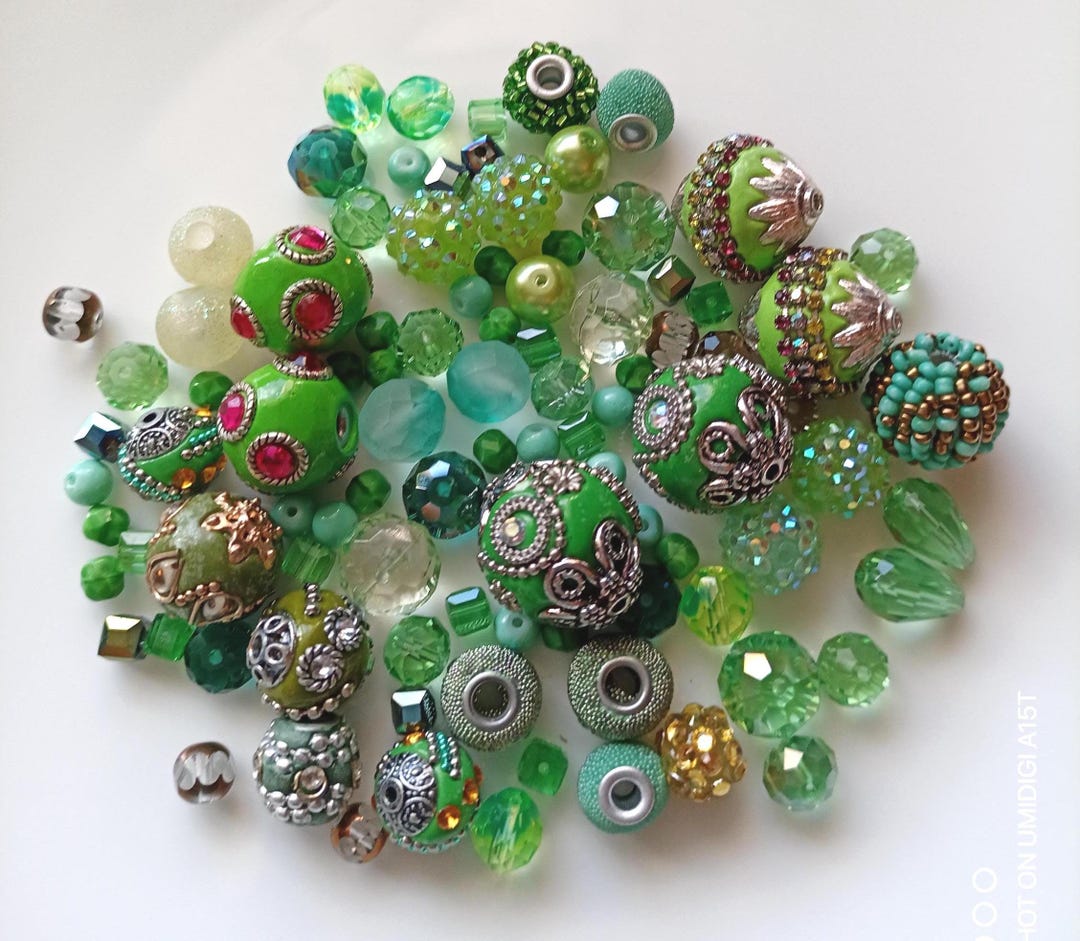 New Mix Green Boho Beads, Kashmiri, Jesse James Beads, Crystal and Assorted Beads. 4 Oz of Beads ...