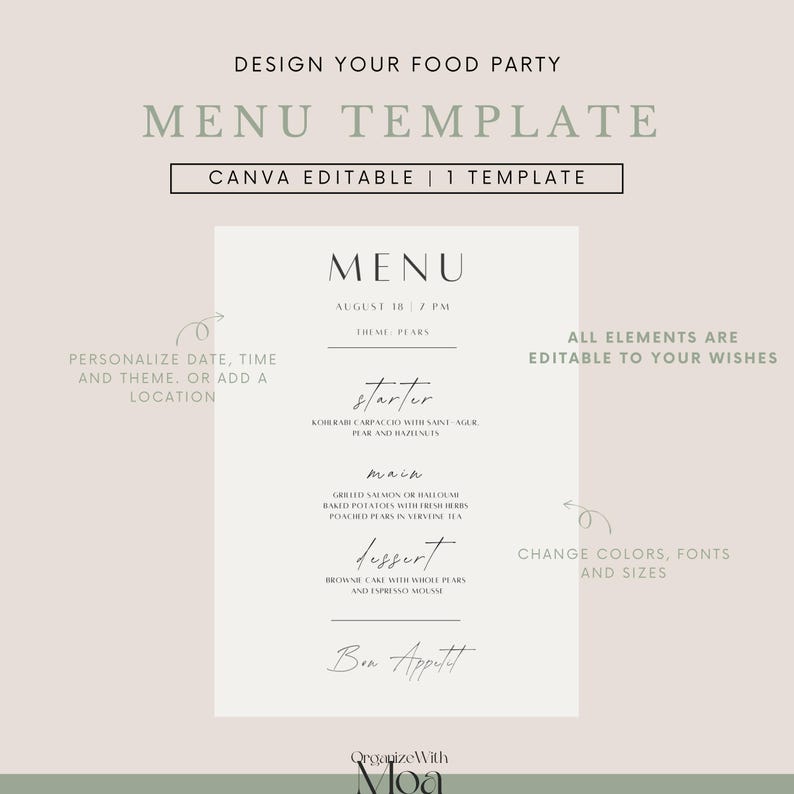Classic Food Menu Template, DIY Dinner Party, Canva, Minimalist Food ...
