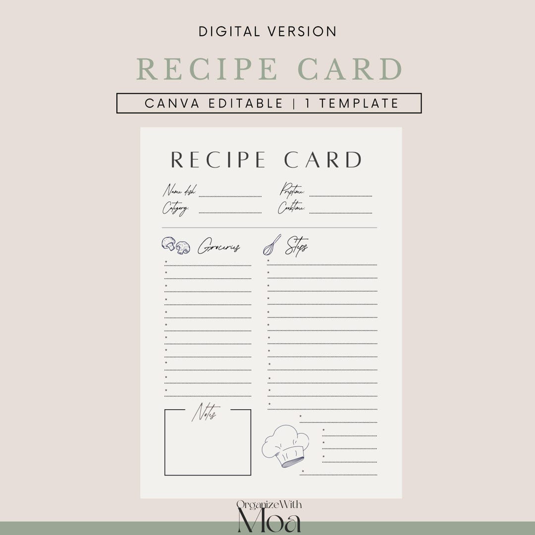 Recipe Card, Recipe Card Template, Recipe Card Download, Digital Recipe ...