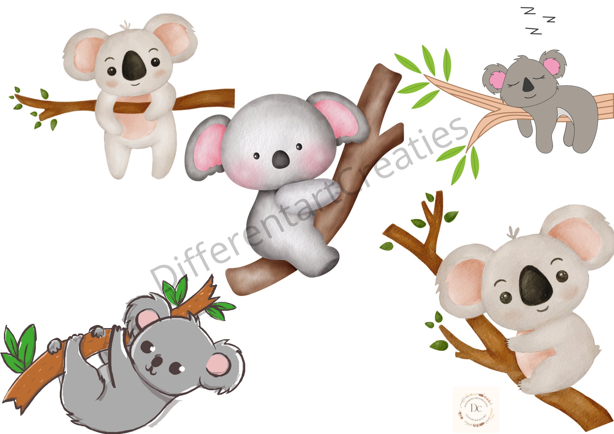 Clipart Bundle, Cute Koala Watercolor PNG, Nursery Decor, Baby Animal ...