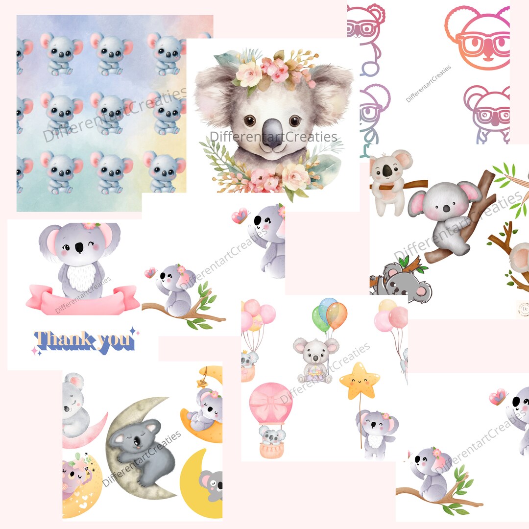 Clipart Bundle, Cute Koala Watercolor PNG, Nursery Decor, Baby Animal ...