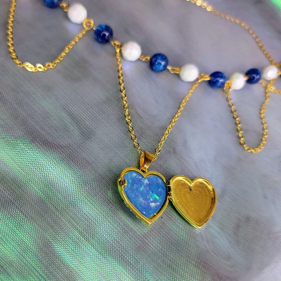 Blue Heart Locket Chain Necklace - Etsy