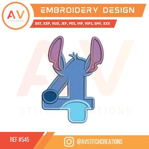 545 Lilo and Stitch Alien Number 4. Birthday Applique Embroidery Design ...