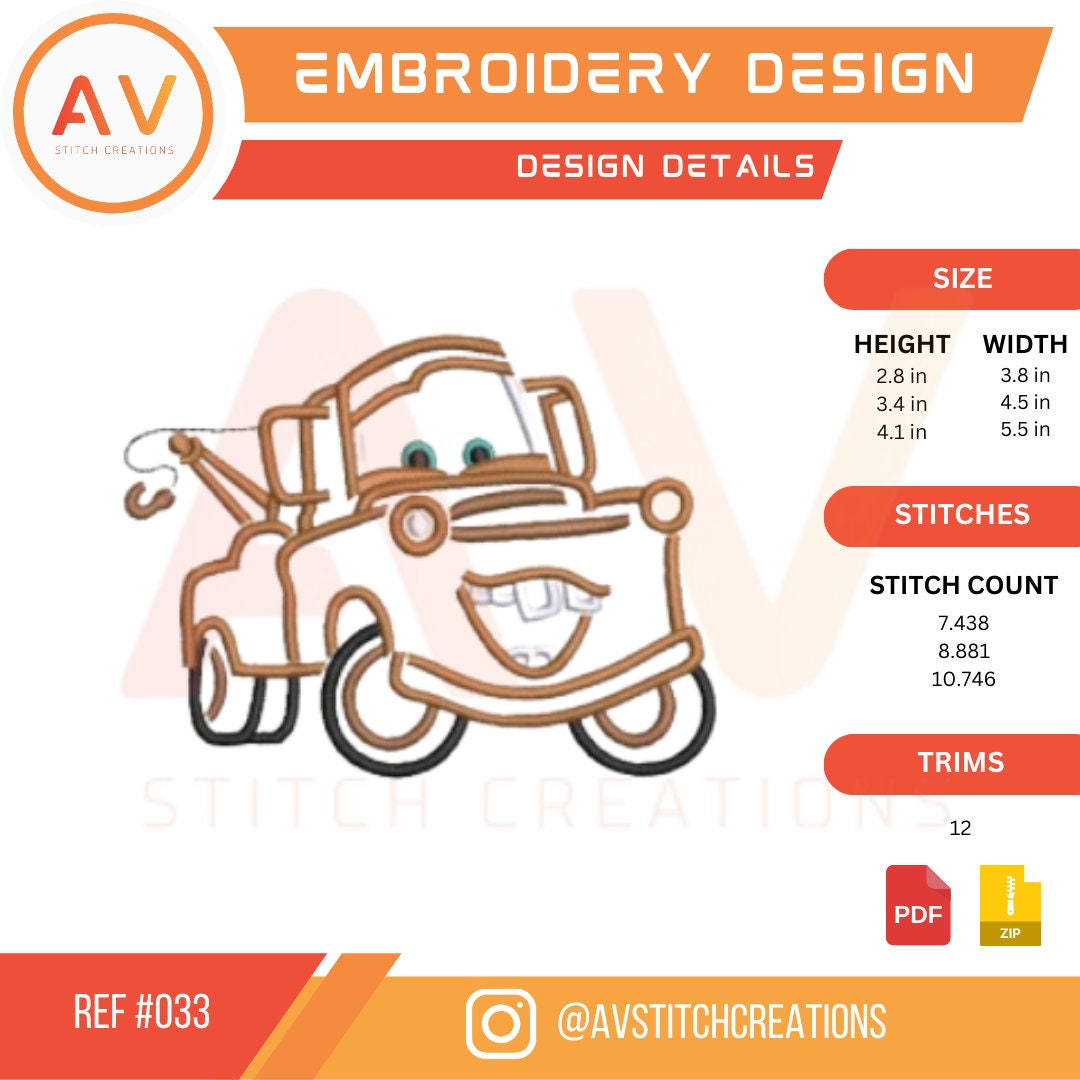 Tow Mater Cars. Embroidery Design. Machine Embroidery File (4x4, 5x7 ...