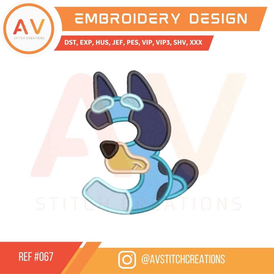 067 Blue Puppy Number 3. Dog Embroidery Applique. Machine Embroidery ...