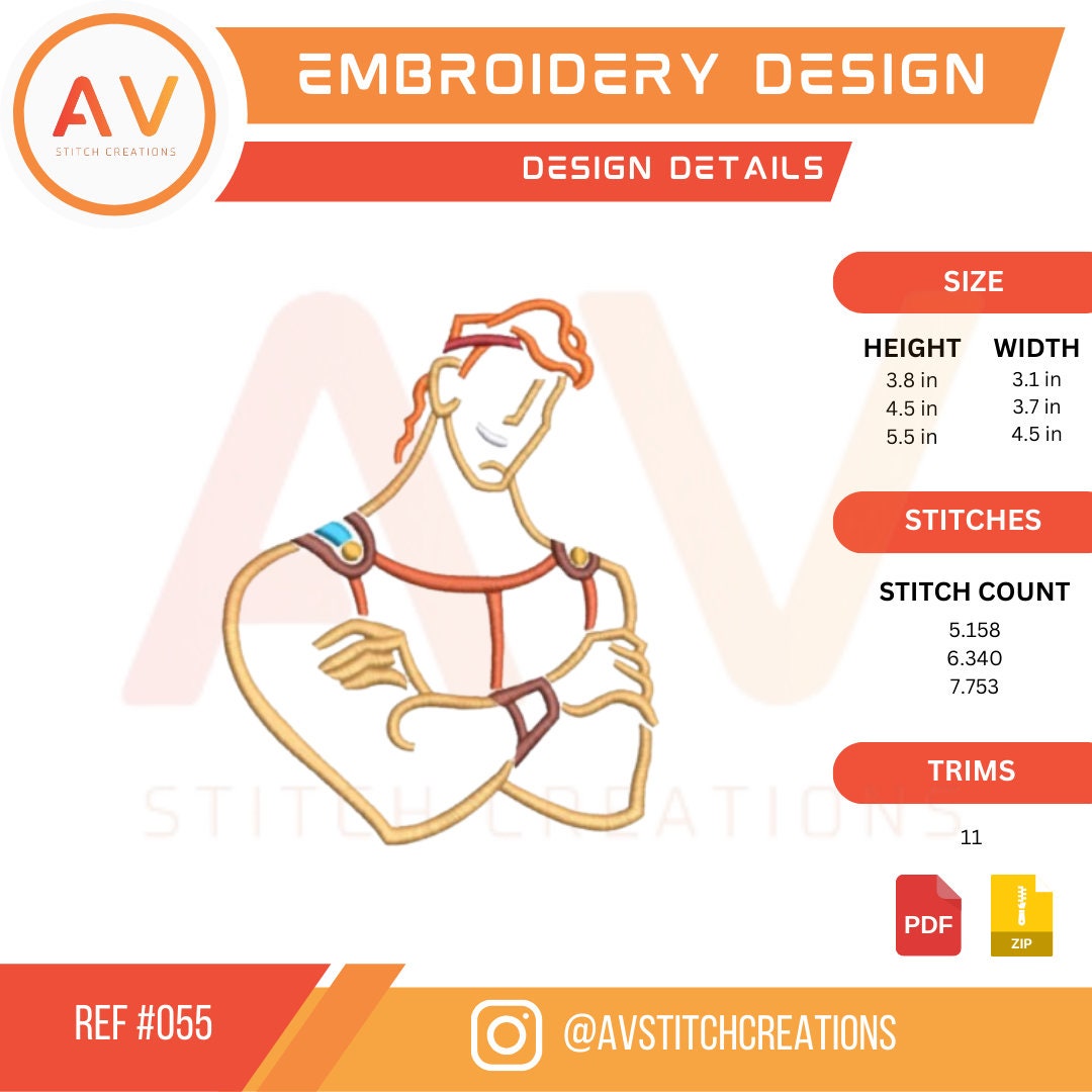 055 Hercules. Outline Stitch Embroidery. Embroidery Design. Machine ...