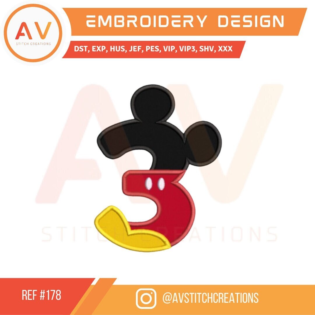 Baby Boy Mouse Number 3 Embroidery Applique Design (4x4, 5x7, 8x8 Hoop ...