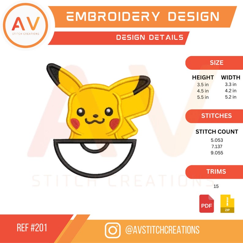 201 Pikachu Pokeball. Pokemon Embroidery Applique. Machine Embroidery ...