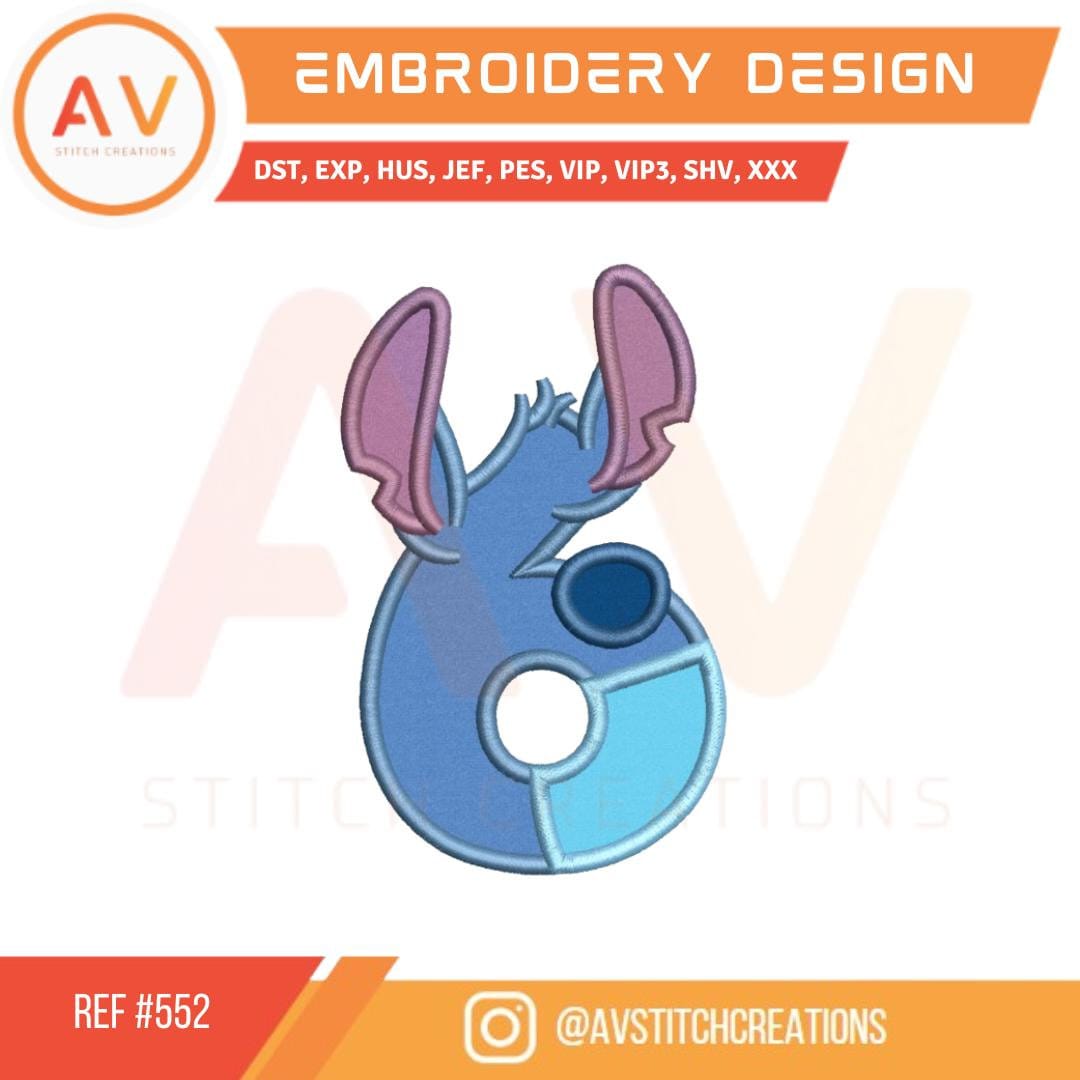 552 Lilo and Stitch Alien. Number 6. Birthday Applique Embroidery ...