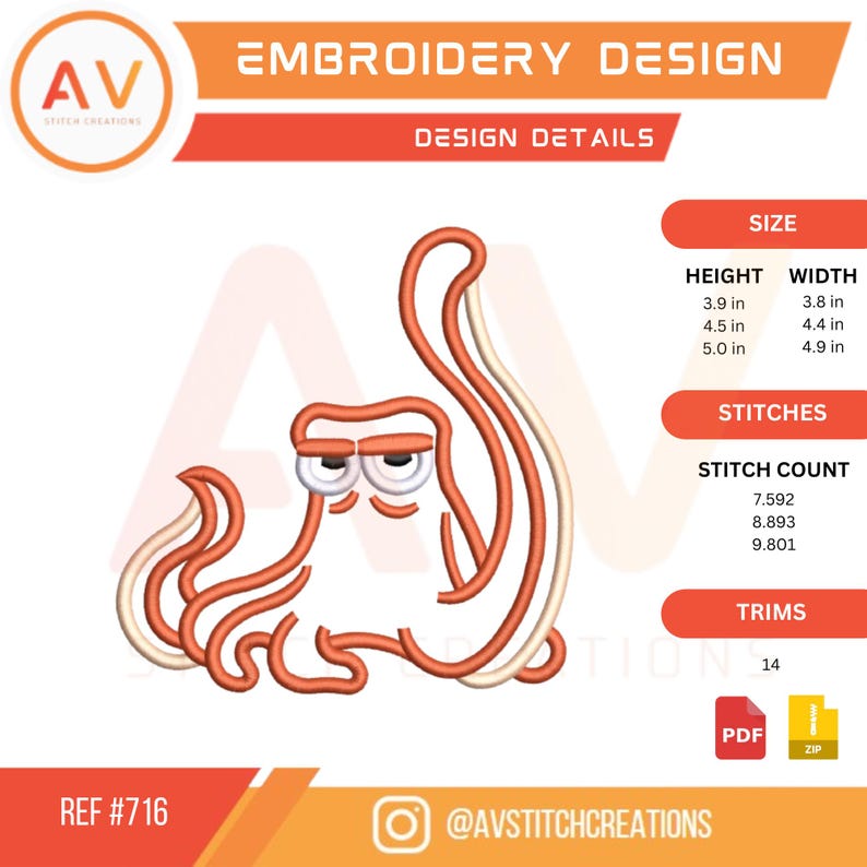 Cartoon Sea Octopus. Applique Design. Machine Embroidery File. 4x4, 5x7 ...