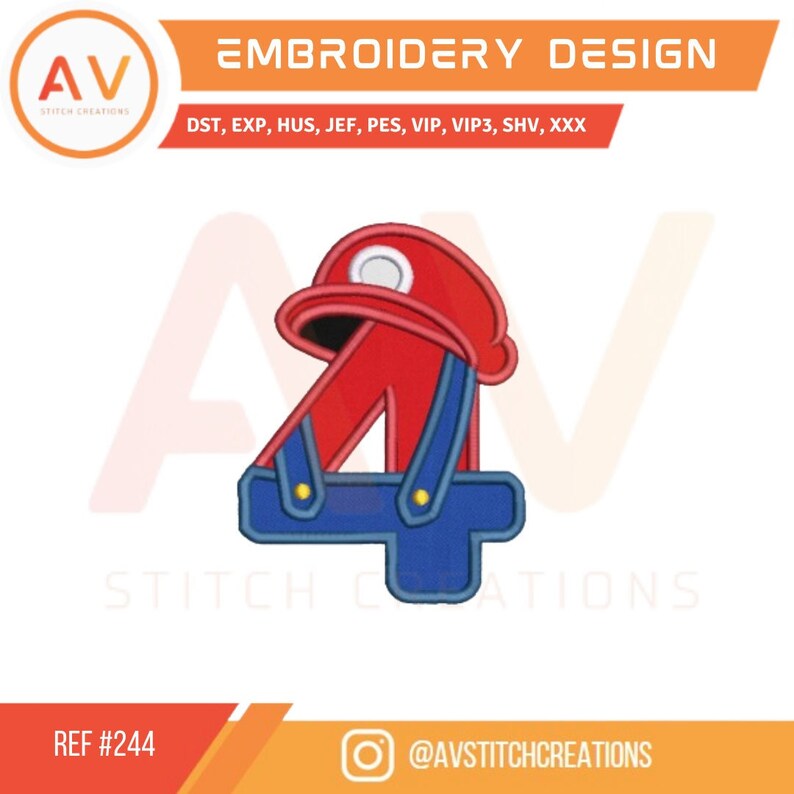 244 Mario Number 4. Embroidery Applique. Machine Embroidery. Birthday ...