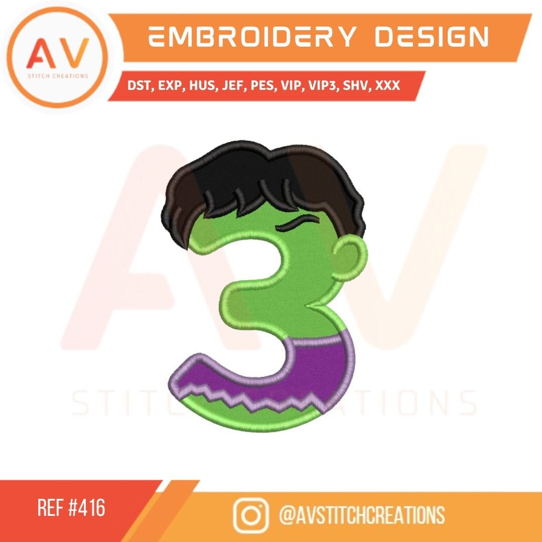 416 Green Hero Number 3. Birthday Applique Embroidery Design. Machine ...