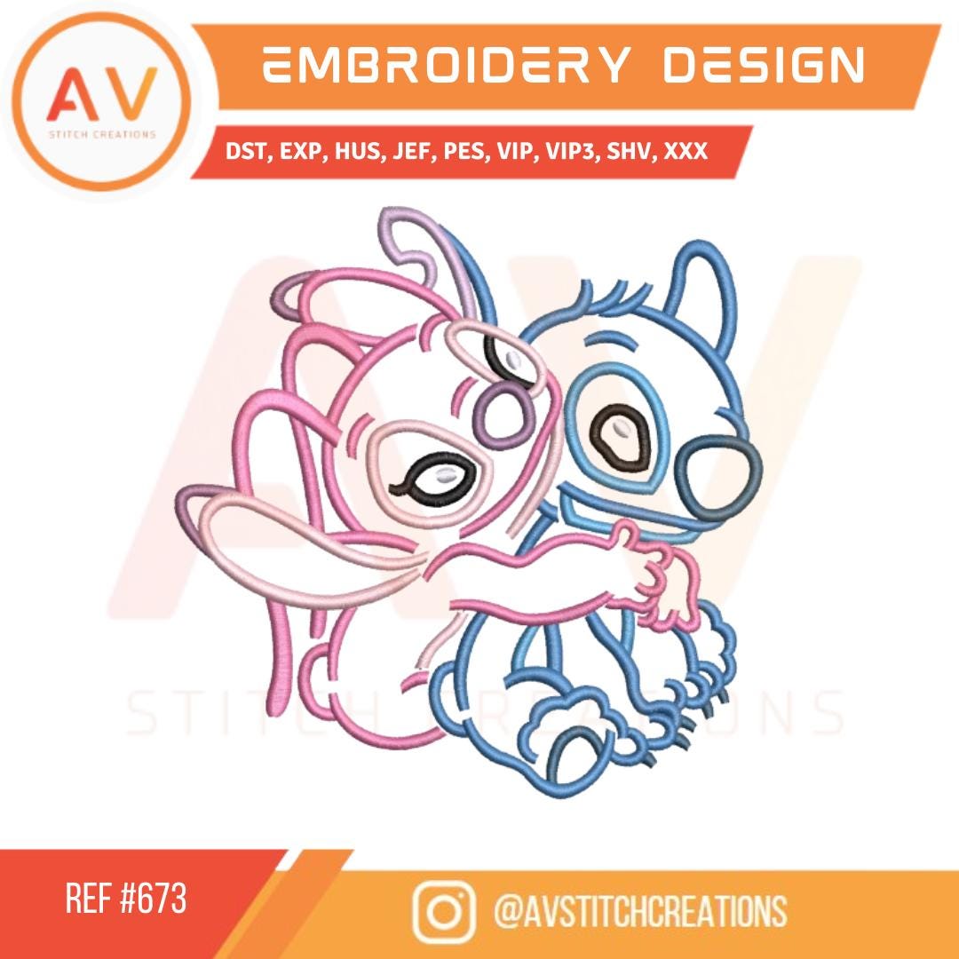 673 Stitch & Angel Aliens. Outline Stitch Embroidery. Embroidery Design ...