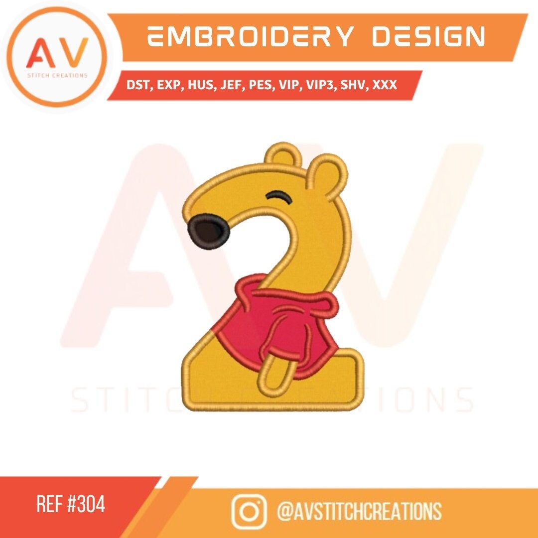 304 Pooh Bear Number 2. Birthday Applique Embroidery Design. Machine ...