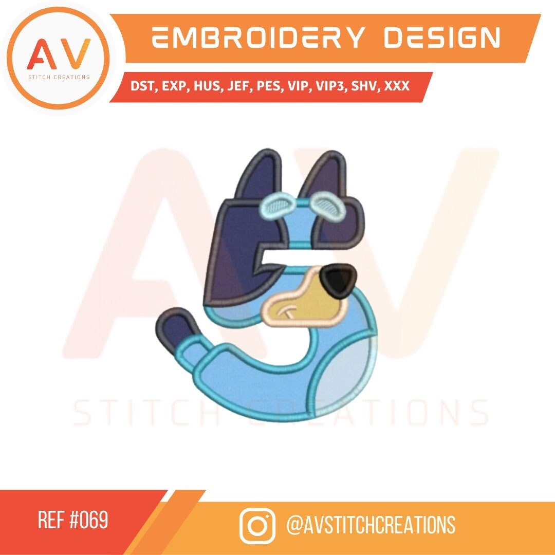 069 Blue Puppy Number 5. Dog Embroidery Applique. Machine Embroidery ...