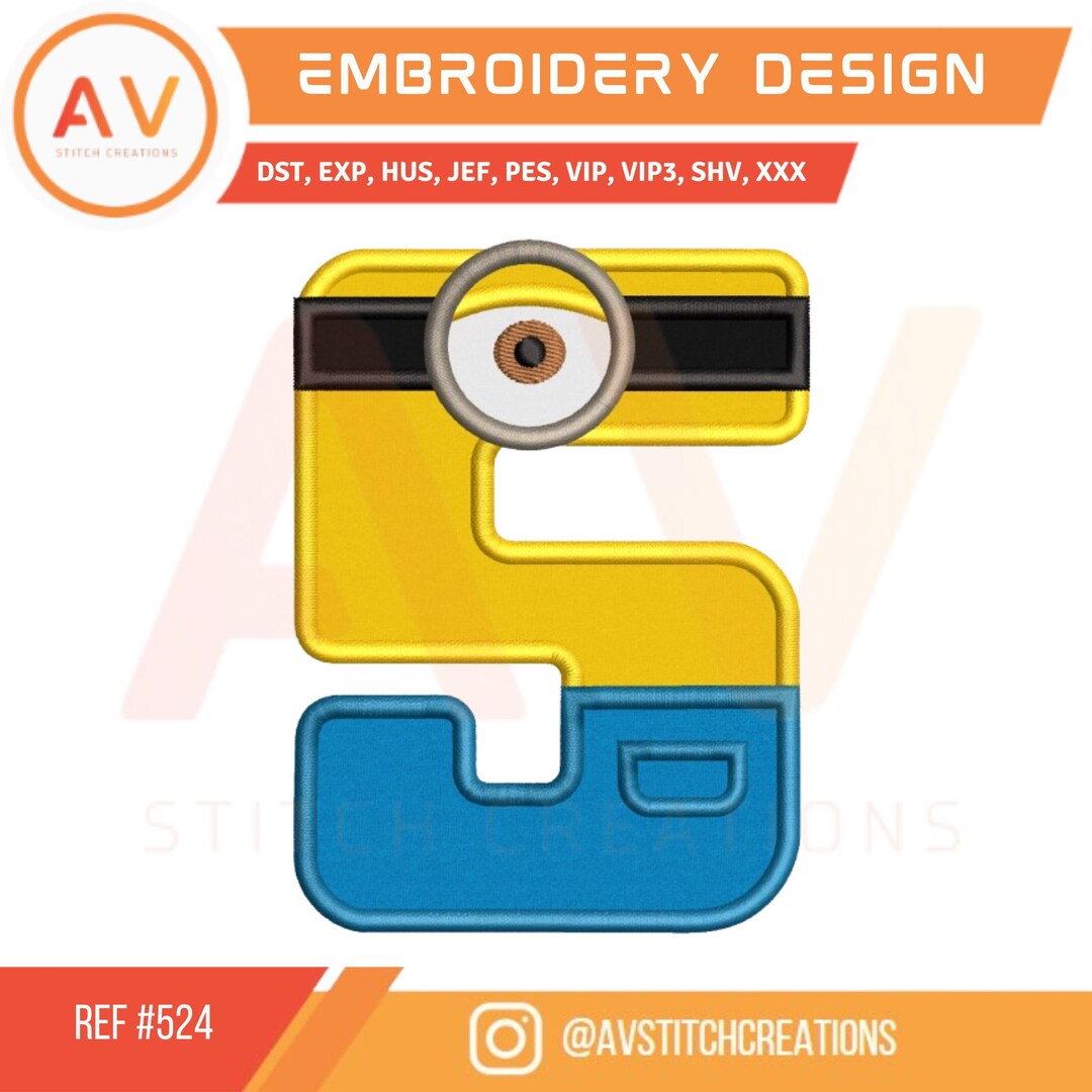 Yellow Buddy Number Five. Applique Design. Machine Embroidery File, 4x4 ...