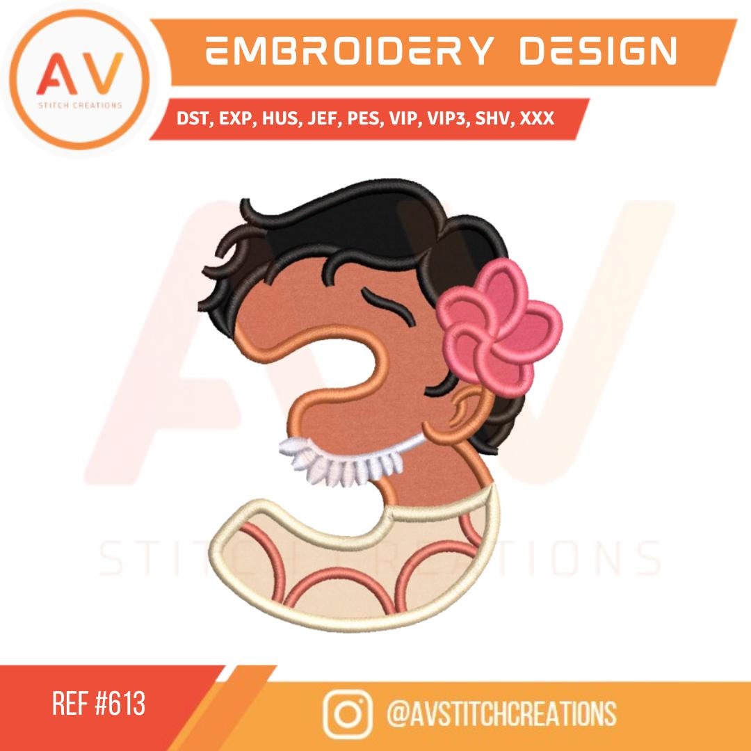 613 Moana Number 3. Embroidery Applique. Machine Embroidery. Birthday ...