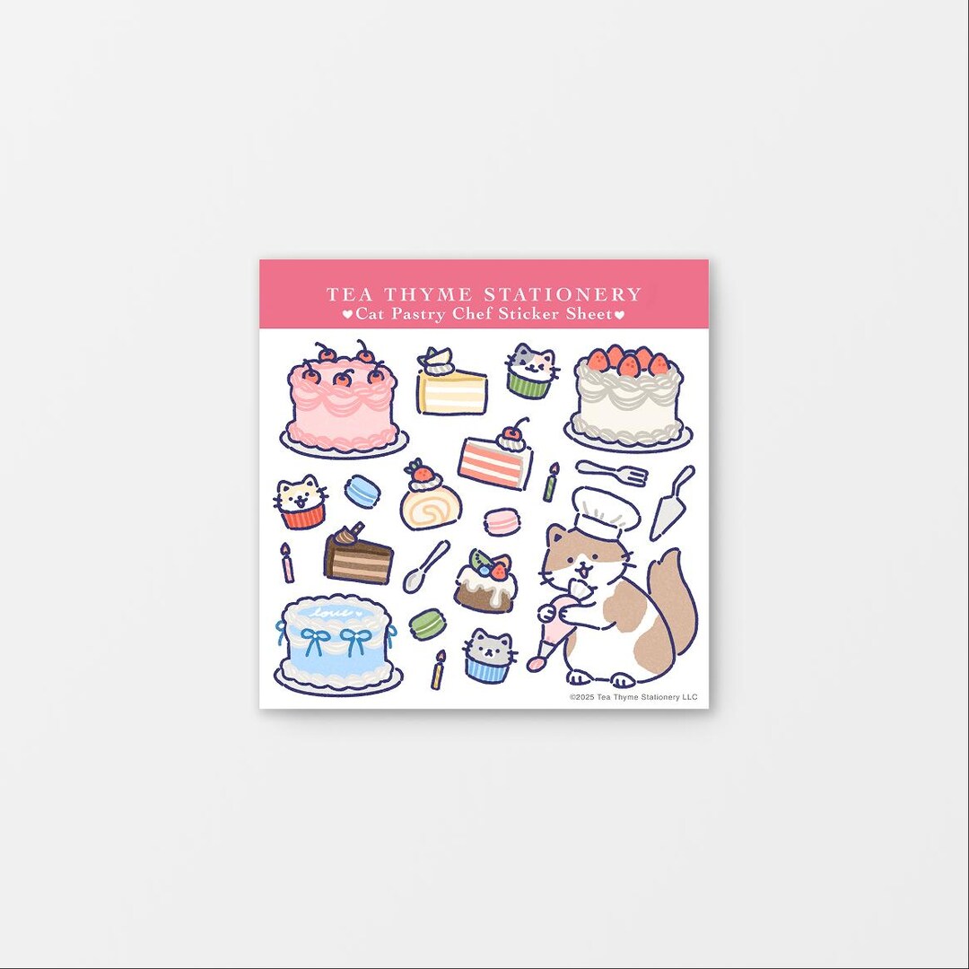 Cat Pastry Chef Mini Sticker Sheet 3.75" X 3.75" Waterproof Vinyl ...