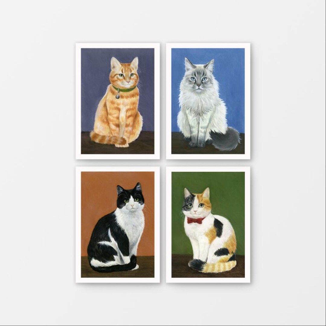 Set of 4 Cat Gouache Mini Prints 5" X 7" Cat Portrait Paintings, Wall ...