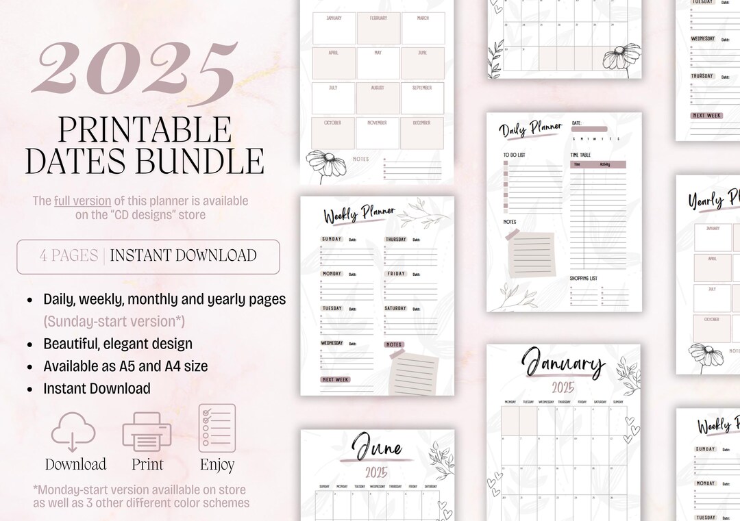 2025 Light Pink Dates Digital Bundle - Daily, Weekly, Monthly, Yearly ...