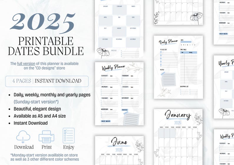 2025 Light Blue Dates Digital Bundle - Daily, Weekly, Monthly, Yearly ...