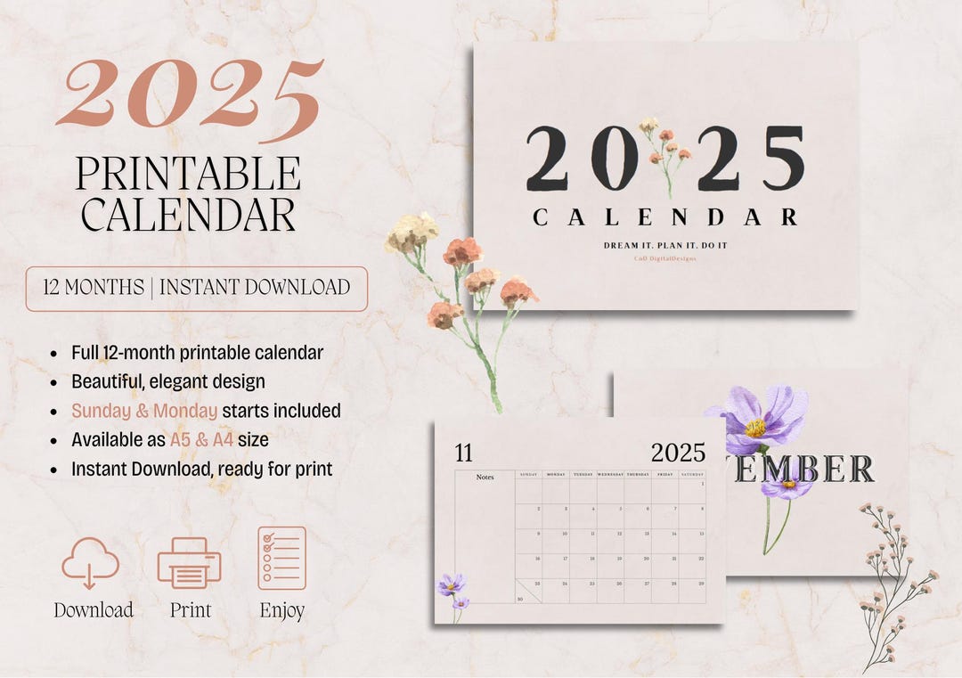 2025 Minimal Watercolor Printable Calendar - Soft Pink Elegant Design ...