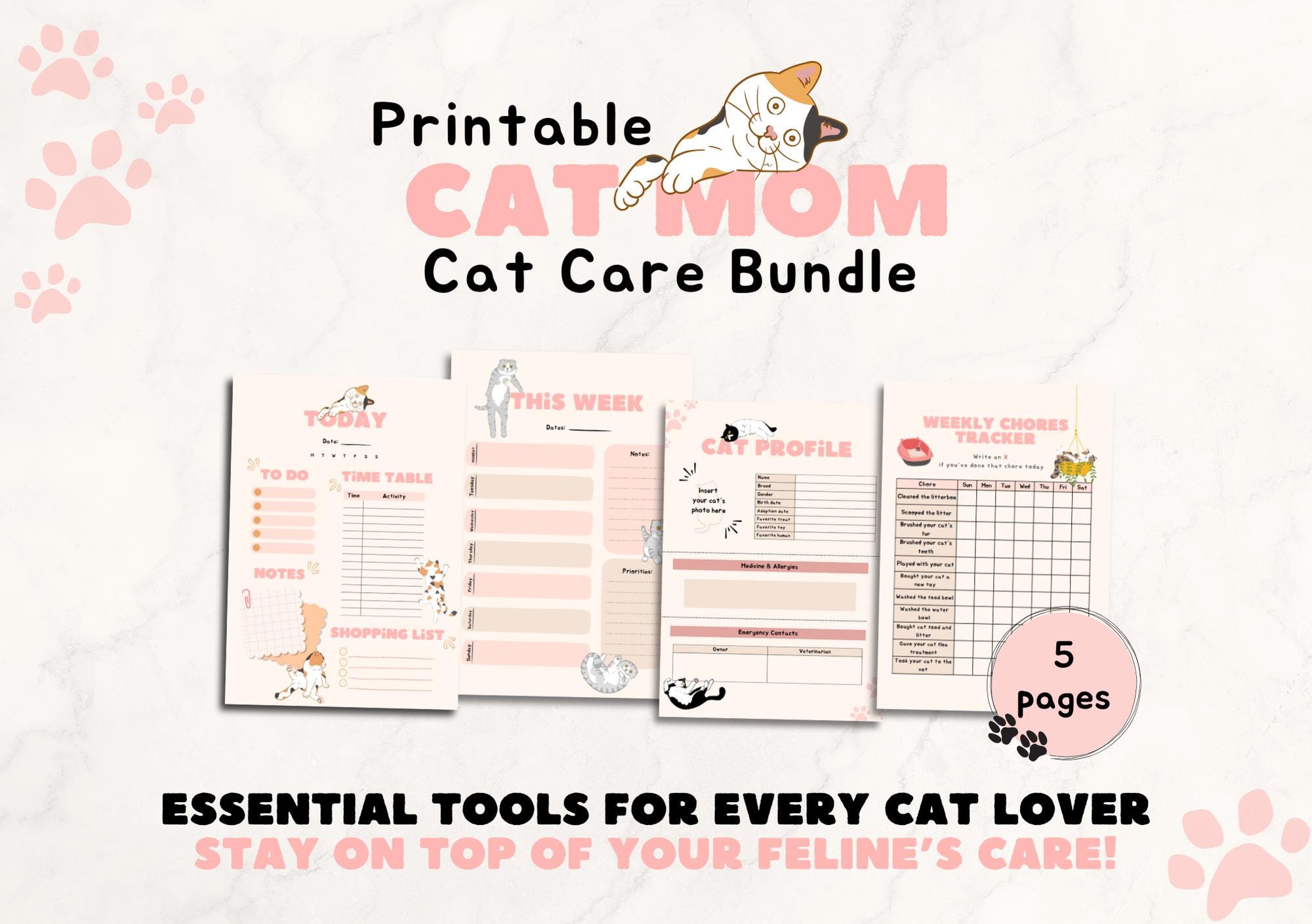 Printable Cat Mom Cat Care Planner Bundle - Colorful Design, A5 & A4 ...