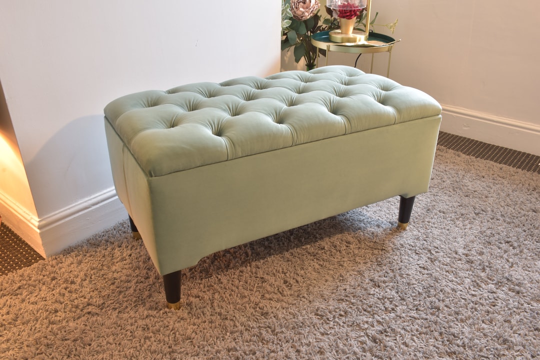 Pale Green Upholstered Ottoman Bench - Seating With Hidden Storage ...