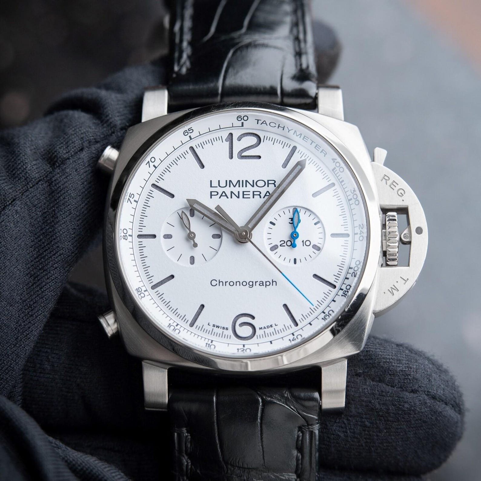 Panerai Luminor Chronograph Automatic White Dial Black Leather Steel ...