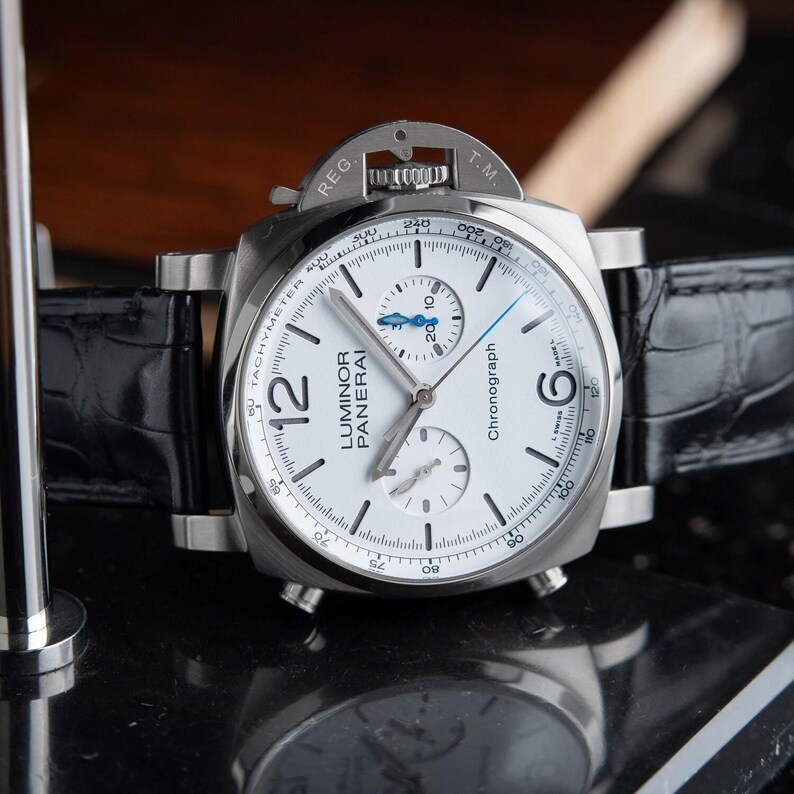 Panerai Luminor Chronograph Automatic White Dial Black Leather Steel ...