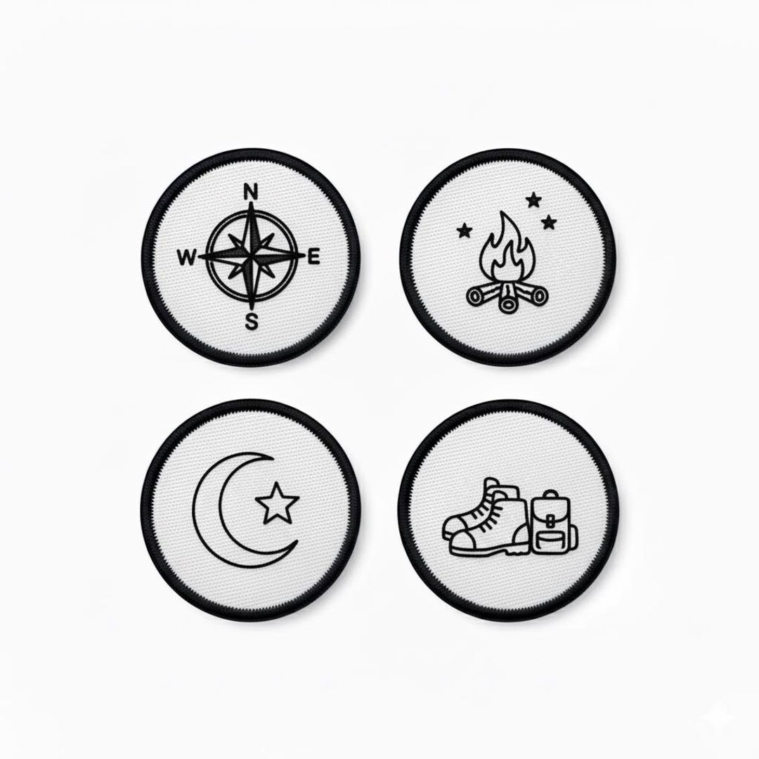 Minimalist Line Art Iron on Patches: Hiker, Compass, Campfire ...