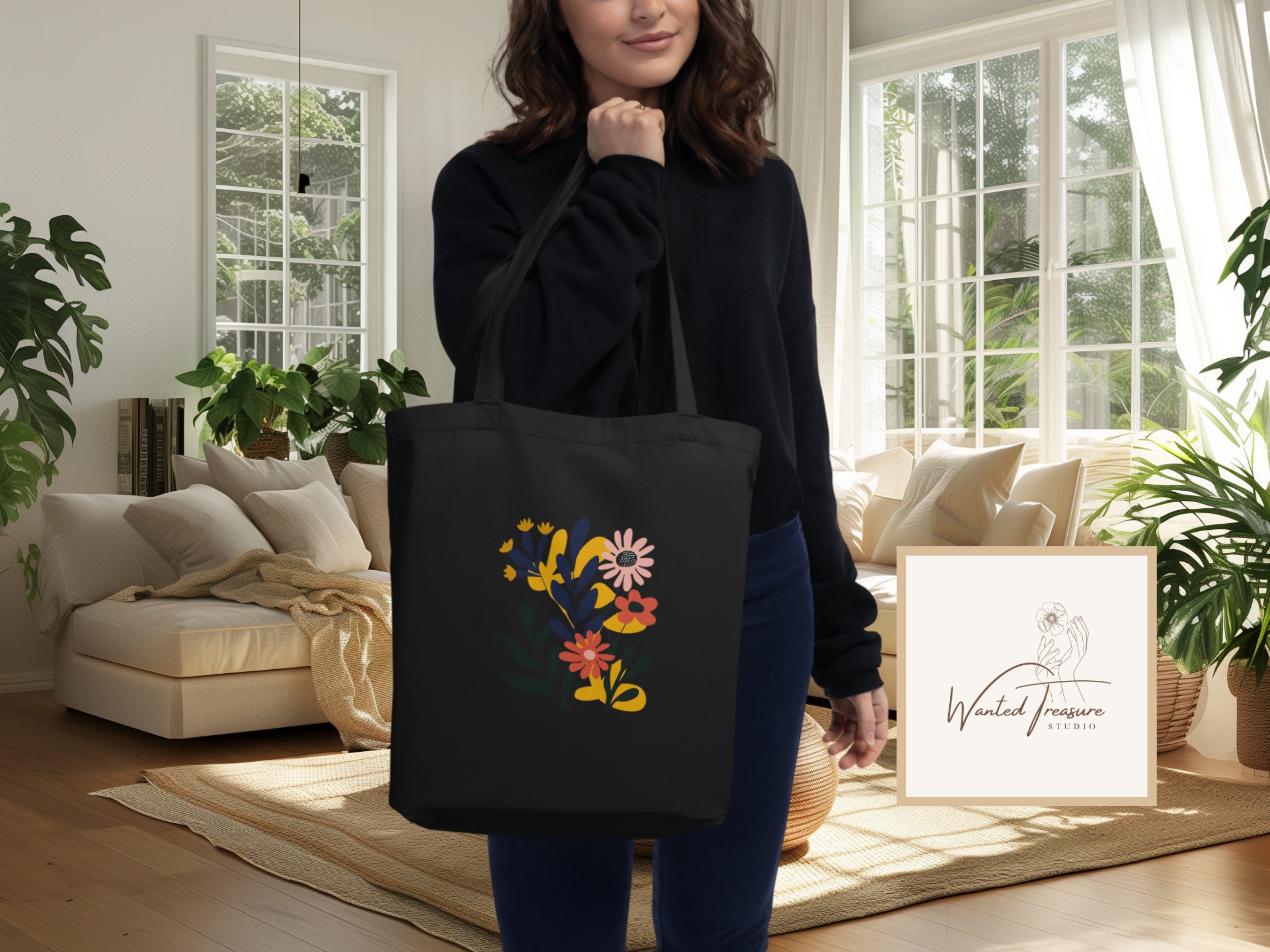 Boho Flowers Tote Bag, Cute Design Shopping Bag, 100% Cotton Eco ...