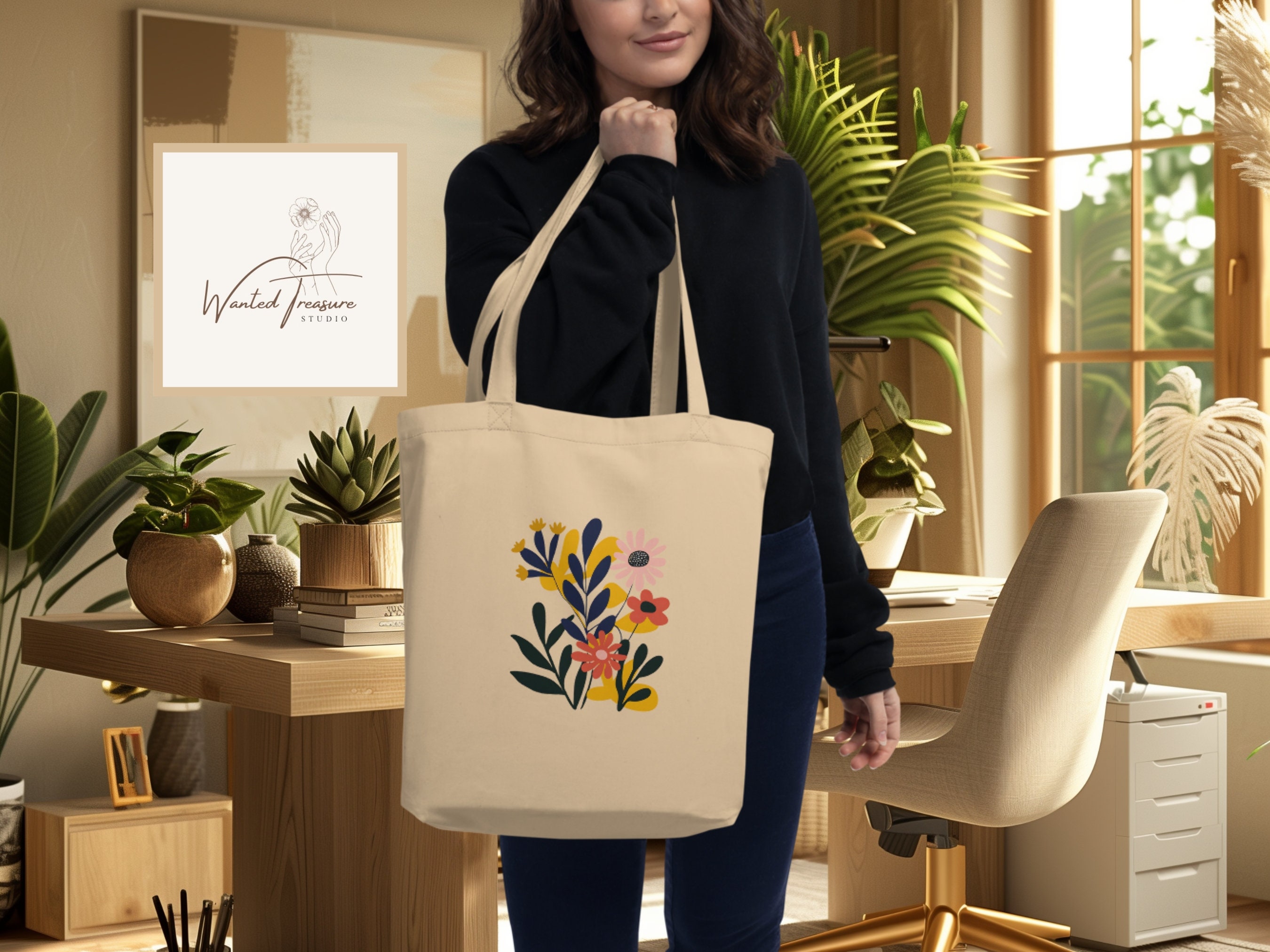 Boho Flowers Tote Bag, Cute Design Shopping Bag, 100% Cotton Eco ...