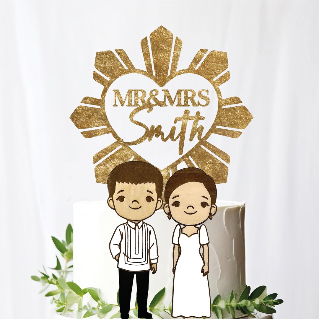 Personalized Mr. & Mrs. Filipino Sun Wooden Wedding Cake Topper W ...