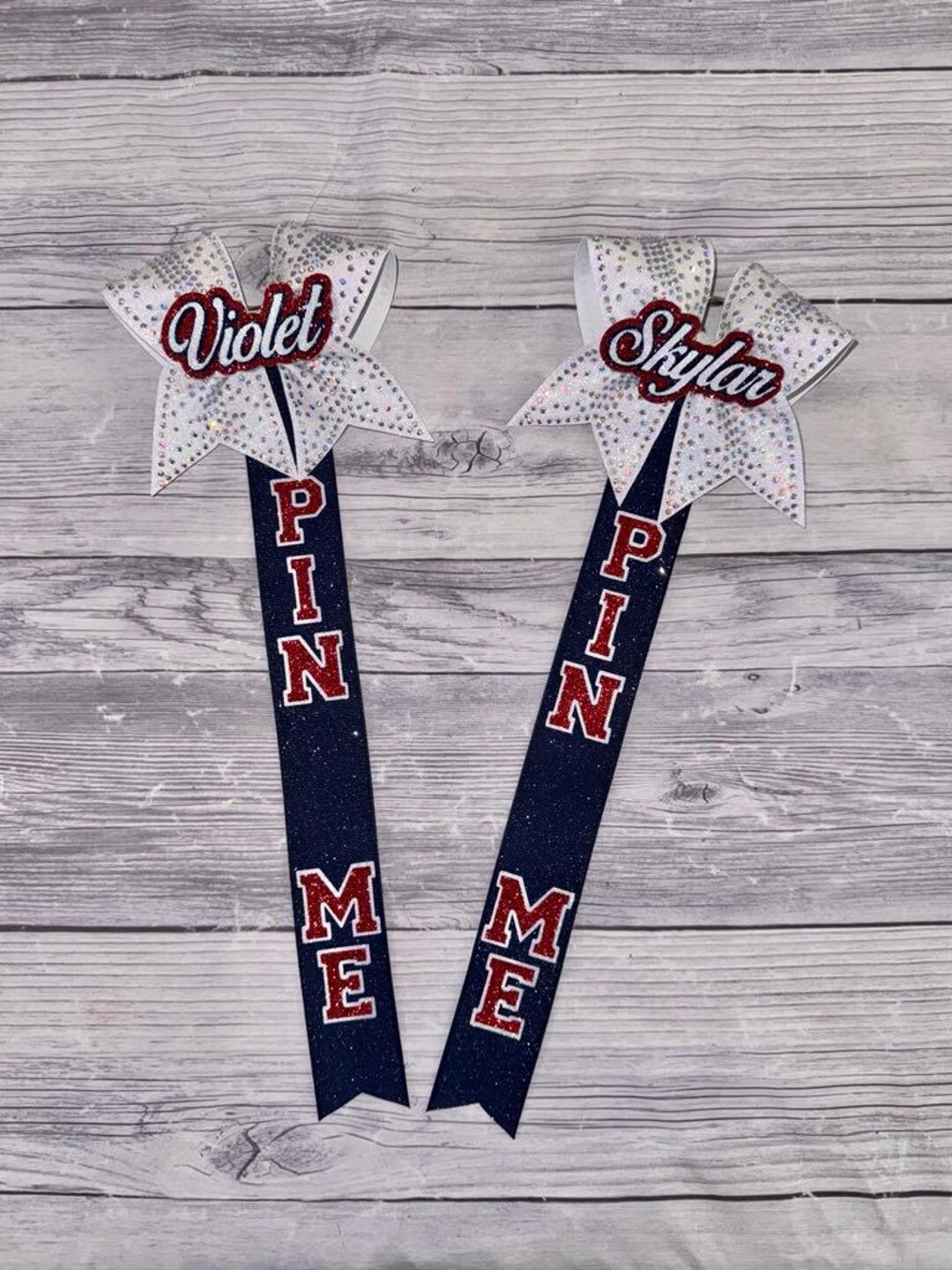 White Rhinestone Cheer Pin Me Ribbon With Navy and Red - Etsy
