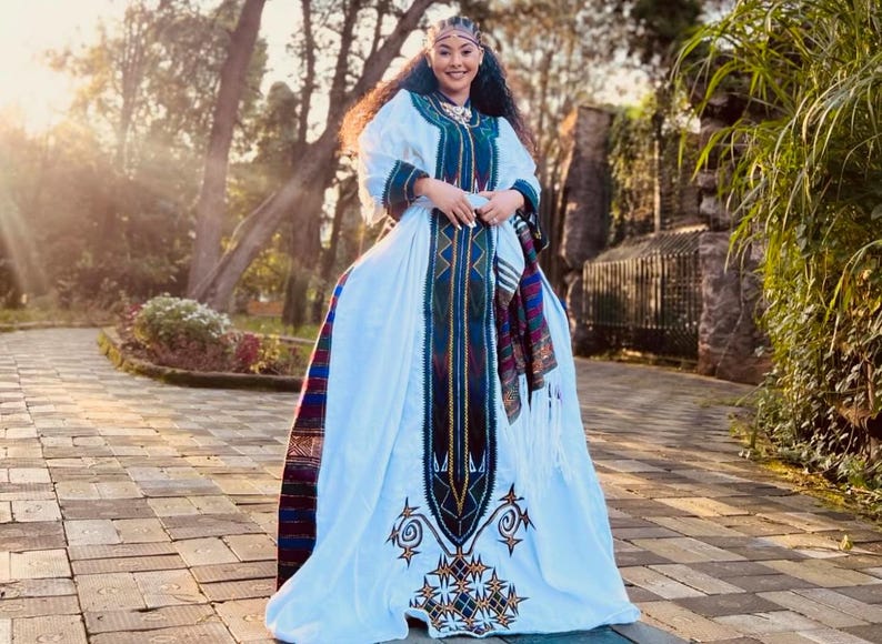 Ethiopian Raya Wollo Traditional White Fabric Gumaj Embroidery Habesha ...