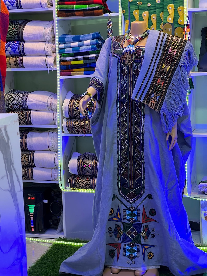 Ethiopian Raya Wollo Traditional Light Blue Fabric Embroidery Habesha ...